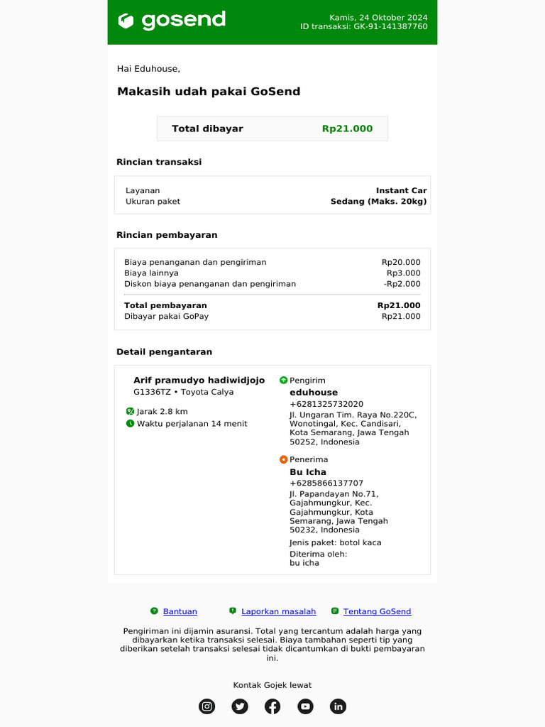 Nota Ongkir Sterilkan Botol Ke Papandayan Via Gosend | PDF