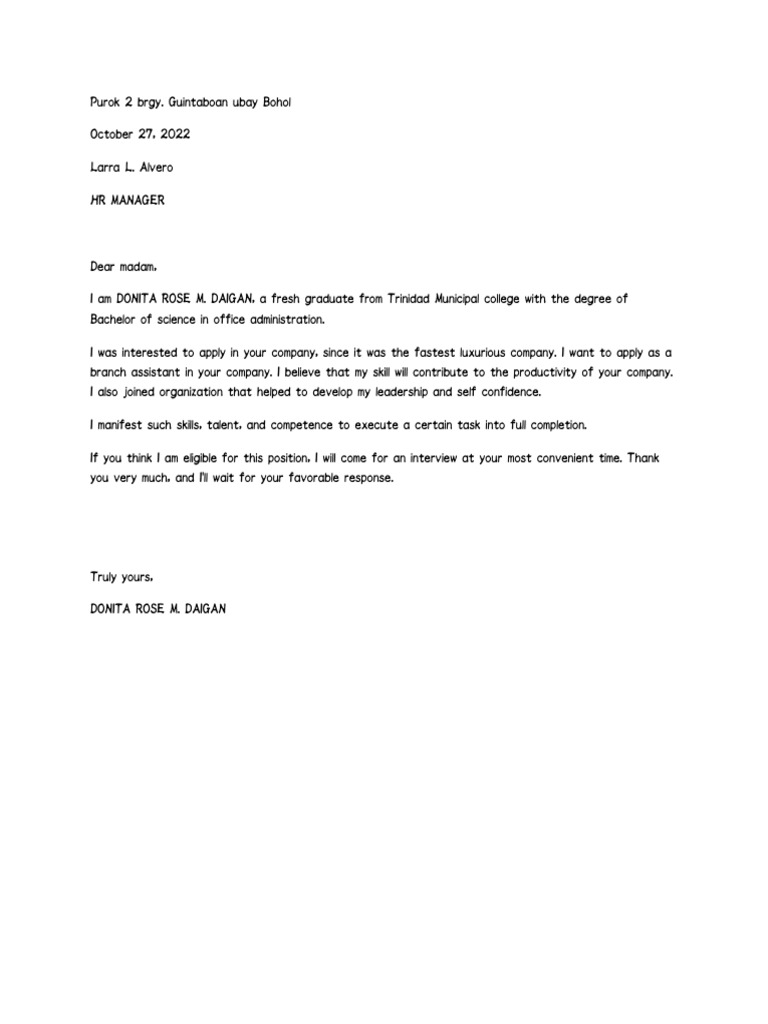 Purok 2 Brgy. G-WPS Office (Application Letter) | PDF | Career & Growth