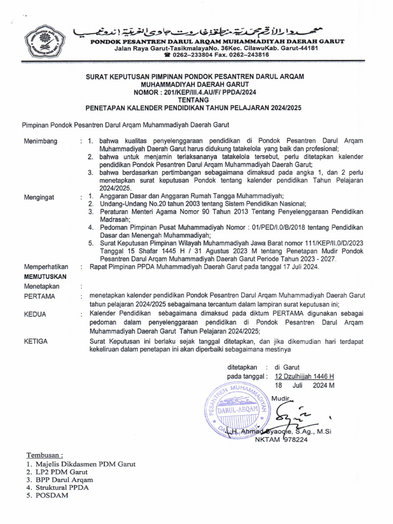 201 SK Penetapan Kalender Pendidikan Tahun Pelajaran 2024-2025 | PDF