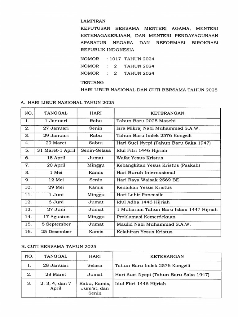 SKB 3 Menteri Libur Nasional Dan Cuti Bersama Tahun 2025-4-5 | PDF