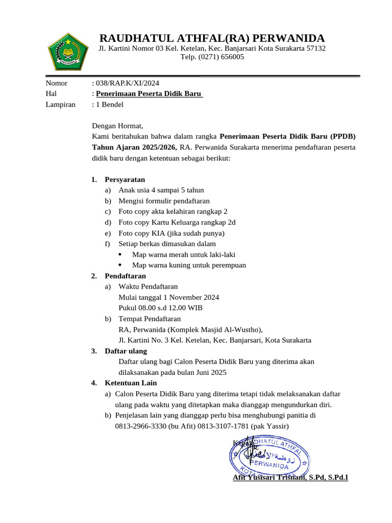 Surat Pemberitahuan PPDB RA PERWANIDA TAHUN 2025-2026 | PDF