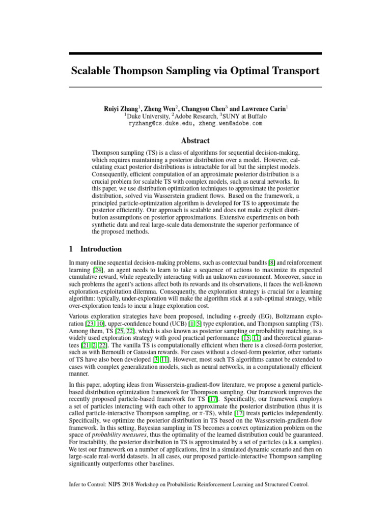 Scalable Thompson Sampling Via Optimal Transport | PDF | Artificial Neural Network | Bayesian ...