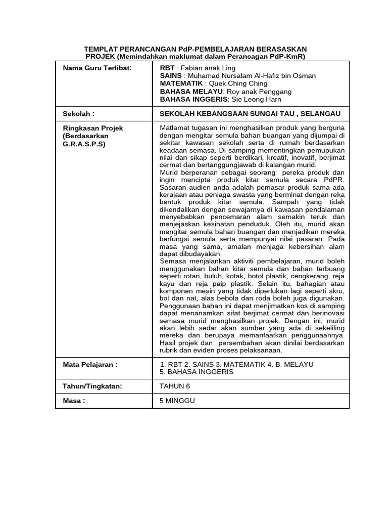 Templat Perancangan PDP - PBL - SK SG Tau | PDF | Seni