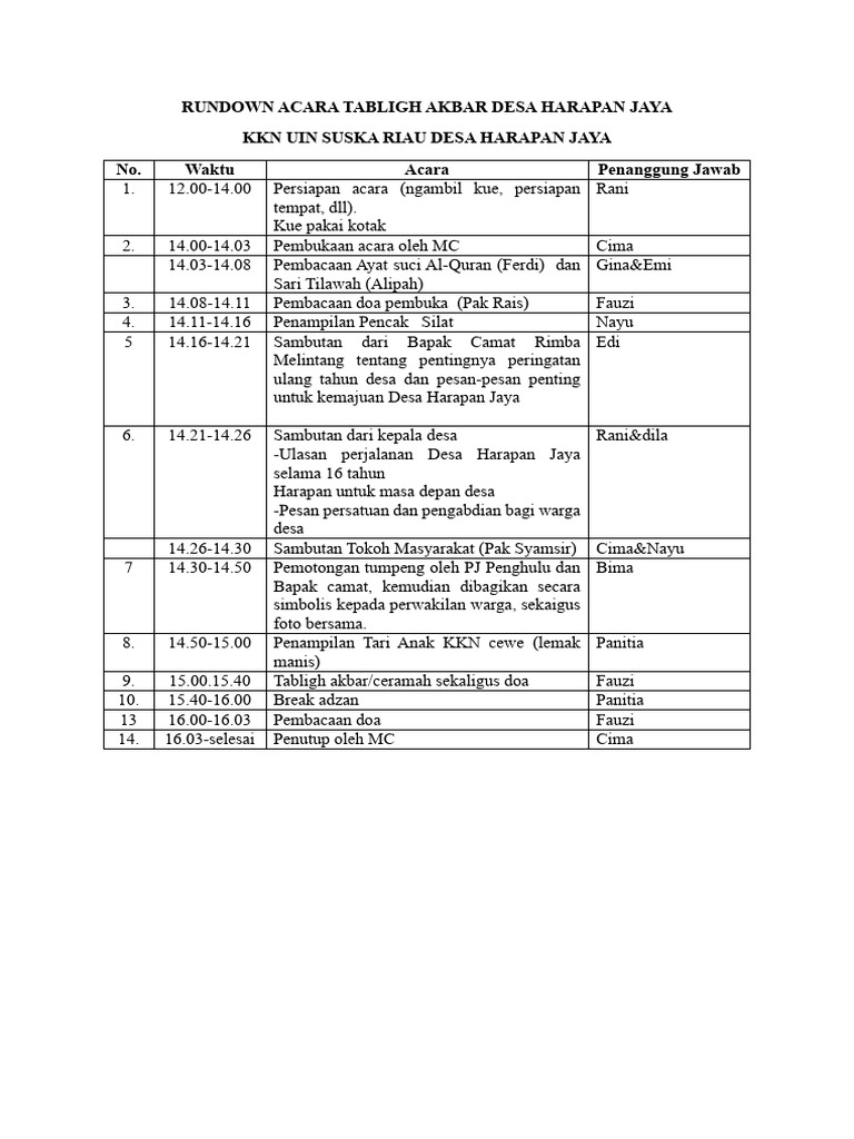 Rundown Tabligh Akbar Desa Harapan Jaya | PDF