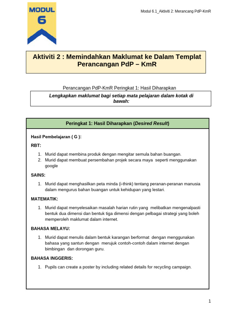 Toolkit 6.1 - Aktiviti 2 Perancangan PDP KMR SK SG TAU | PDF