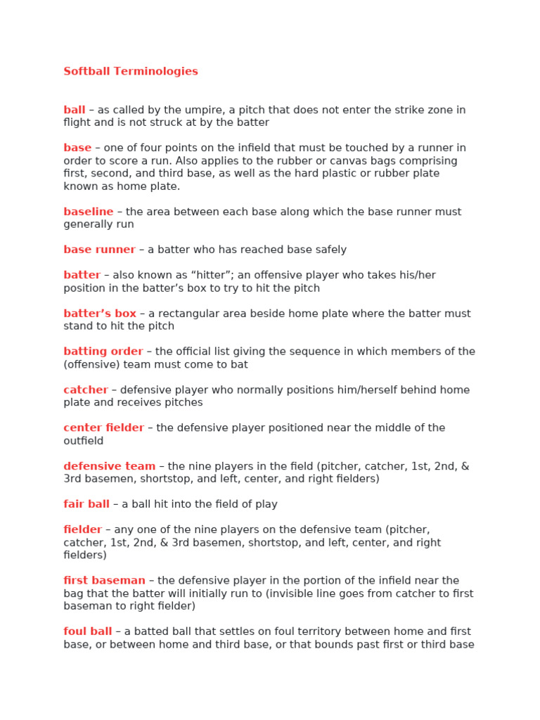 Softball Vocab | PDF | Baseball Field | Softball
