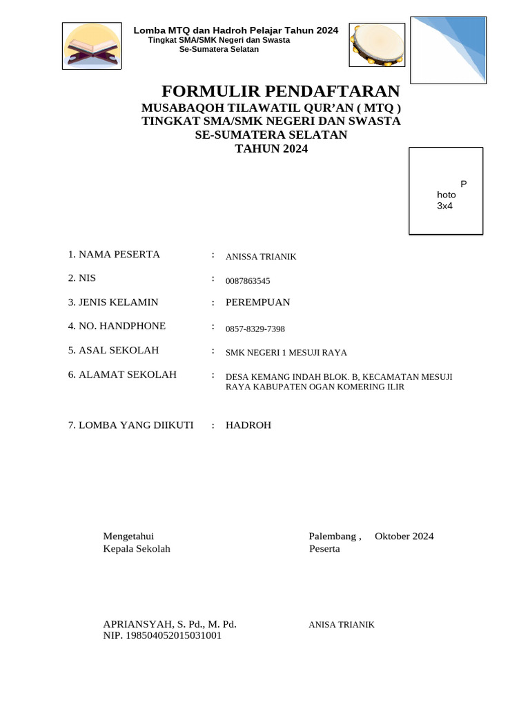 Formulir Pendaftaran MTQ Dan Hadroh 2024 | PDF