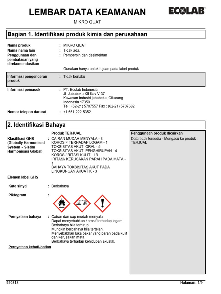 MSDS Micro Quat Ecolab | PDF