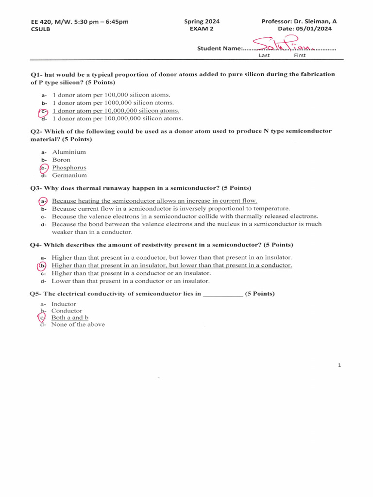 EE 420 Exam 2 Solutions | PDF