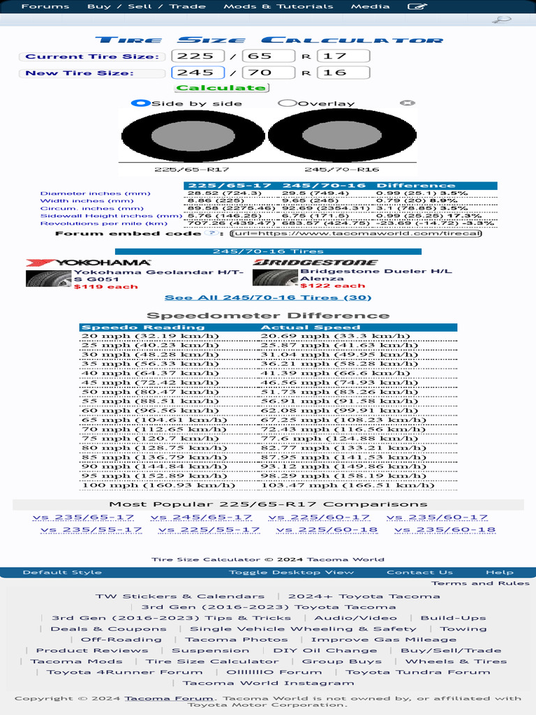 22565-R17 Vs 24570-R16 Tire Comparison - Tire Size Calculator Tacoma ...
