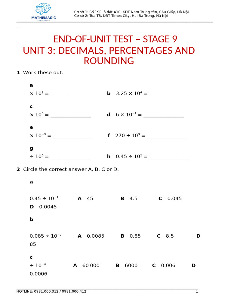 Unit 3 End Of Unit Test Pdf Elementary Mathematics Numbers