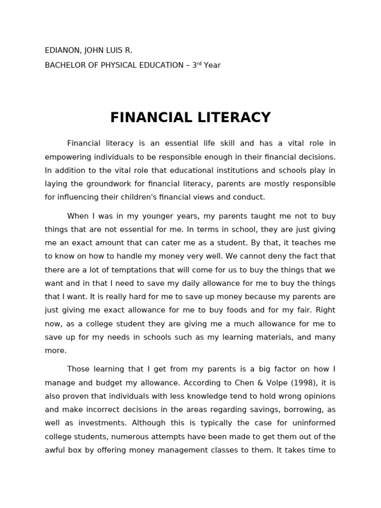 EDIANON_REFLECTION_FINANCIAL LITERACY | PDF | Financial Literacy | Literacy