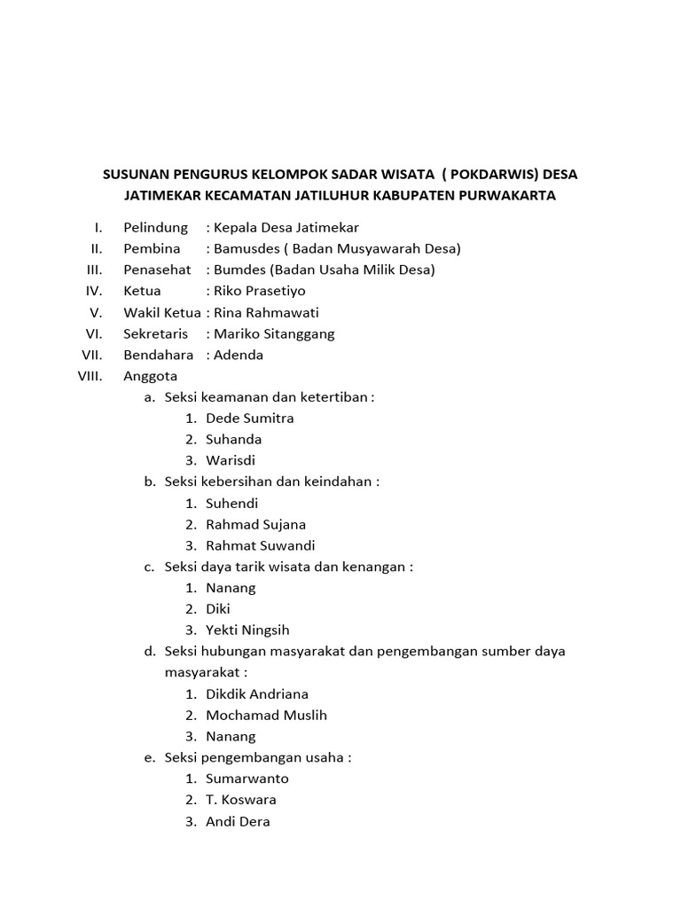 Struktur Organisasi Pokdarwis Jatimekar | PDF