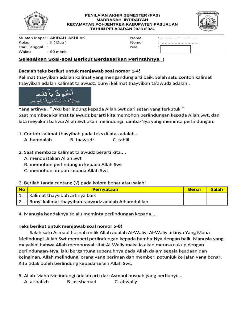 Soal Akidah Kls. Ii | PDF