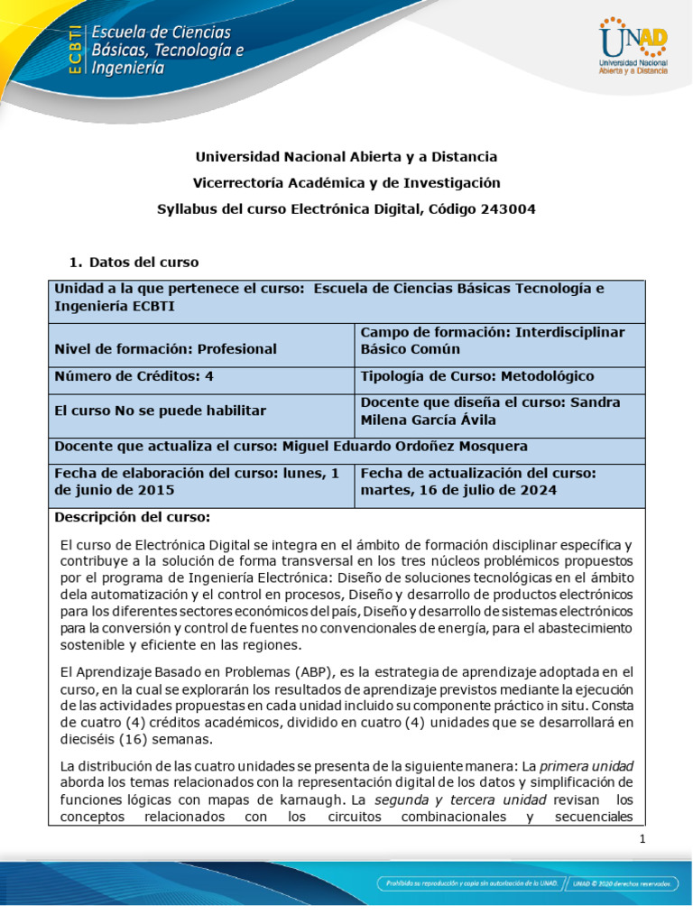 Syllabus Del Curso Electrónica Digital - 2024 | PDF | Electrónica | Red eléctrica