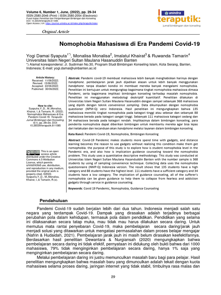 Nomophobia Mahasiswa Di Era Pandemi Covi | PDF