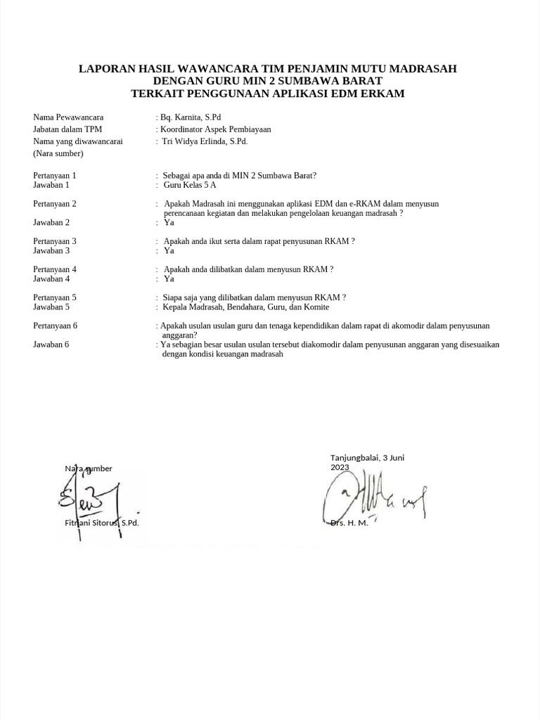 Laporan Hasil Wawancara Tim Penjamin Mutu Madrasah | PDF | Karier & Perkembangan | Kesehatan ...