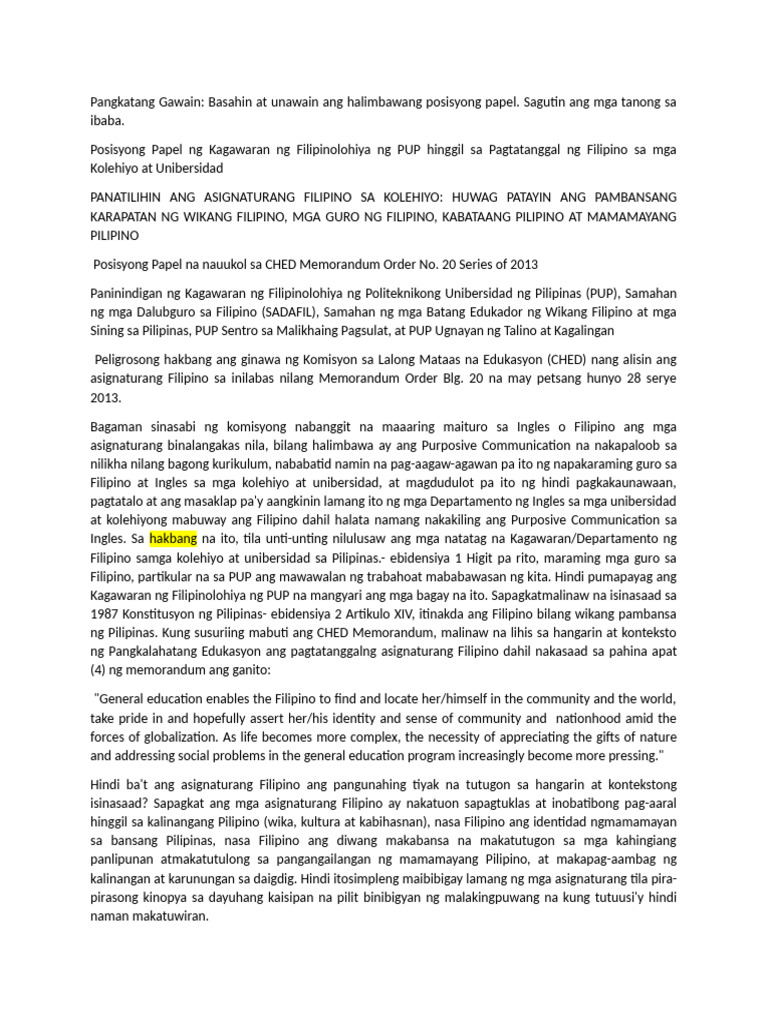 Halimbawa NG Posisyong Papel | PDF