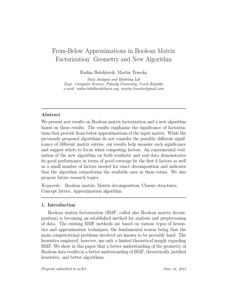 From-Below Approximations in Boolean Matrix Factorization: Geometry and New Algorithm | PDF ...