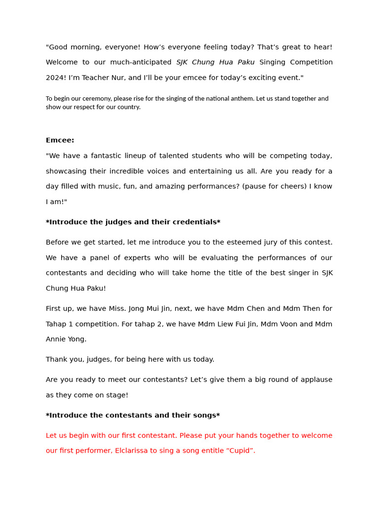 Singing Comp's Emcee Script | PDF | Art