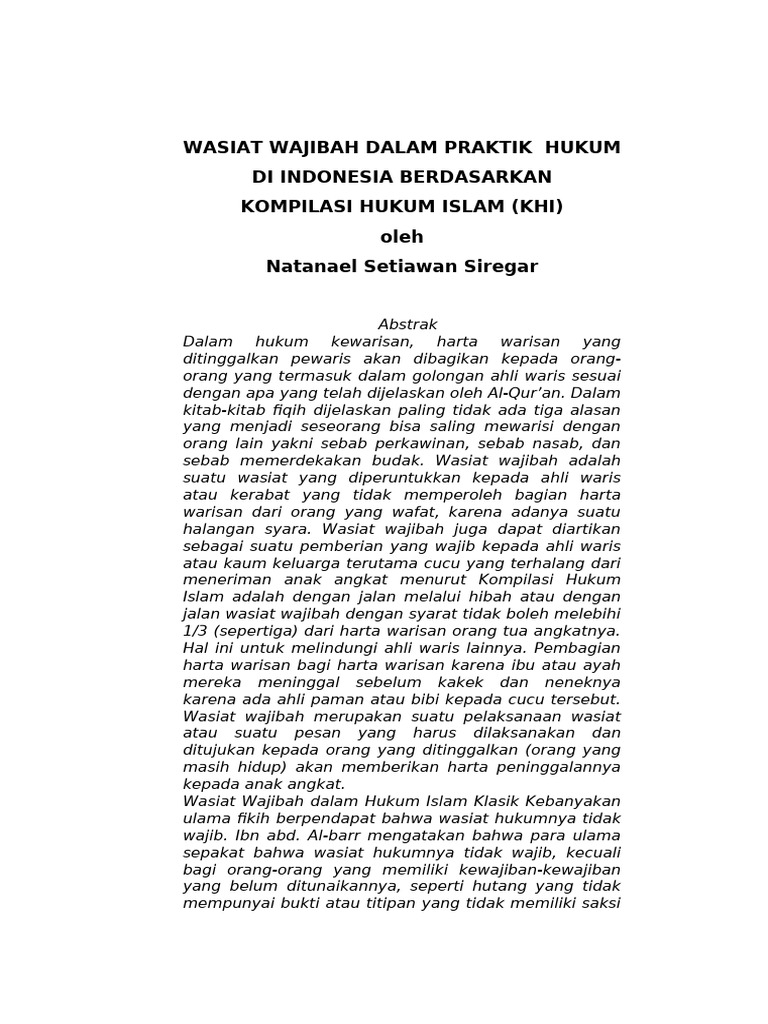 Wasiat Wajibah Dalam Praktik Hukum Di Indonesia by Natanael Siregar | PDF