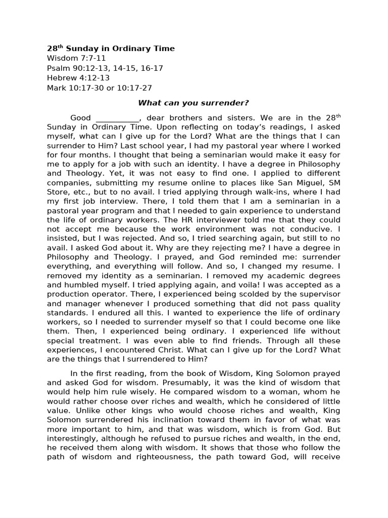 28th Sunday in Ordinary Time 2 | PDF | Wisdom | Eternal Life (Christianity)