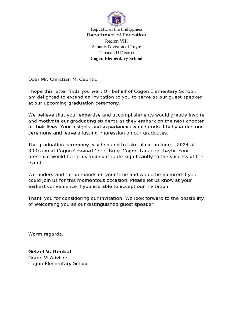 Recommendation Letter For Guest Speaker Invitation Letter For The