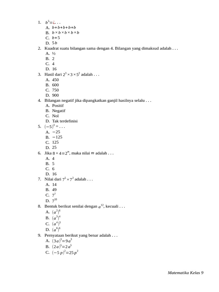 Soal STS Matematika Kelas 9 | PDF