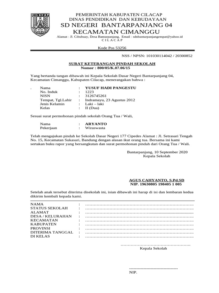 Surat Keterangan Pindah Sekolah | PDF