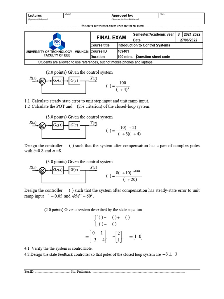 IntroCtrlSys - Final Exam - 2nd Semester - 2122 - Solution | PDF | Electronic Engineering ...