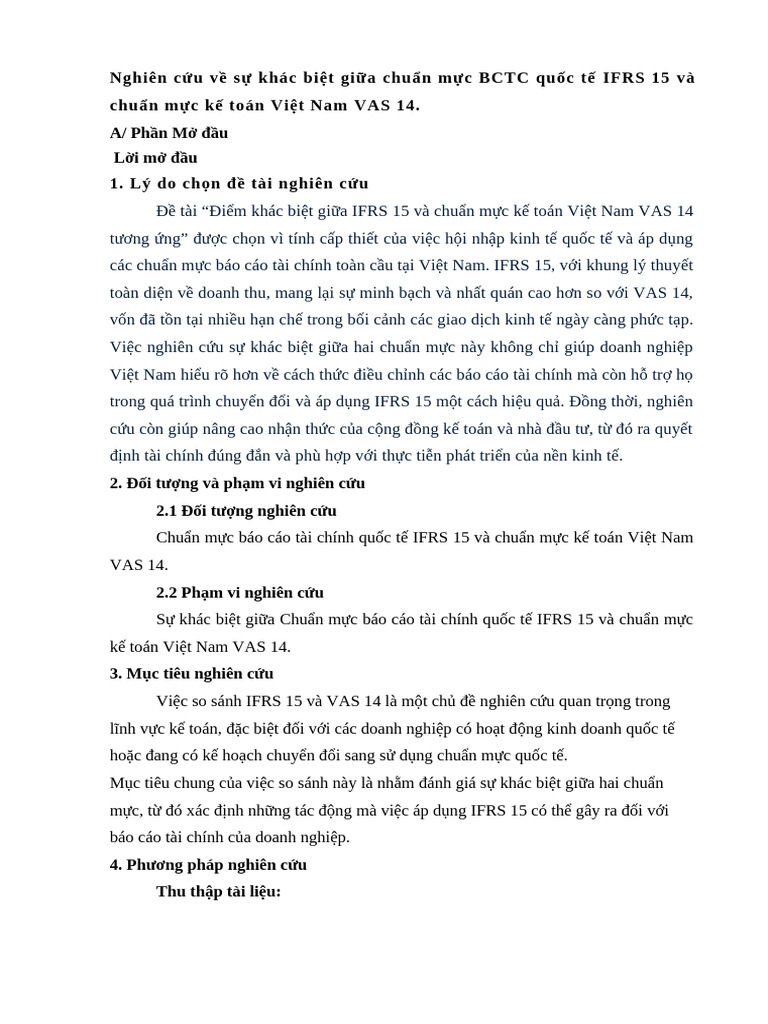 Nghiên cứu về sự khác biệt giữa chuẩn mực BCTC quốc tế IFRS 15 và chuẩn mực kế toán Việt Nam VAS ...