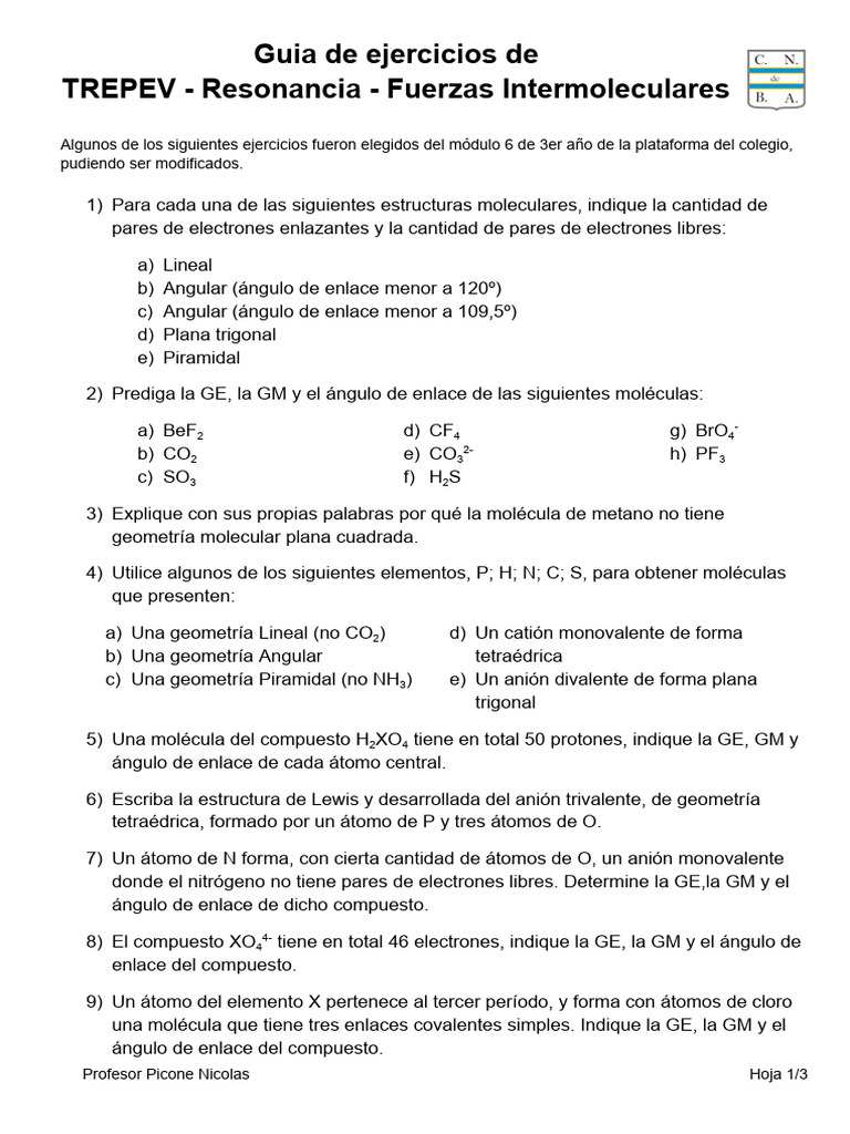 Ejercicios TREPEV y Fuerzas Intermoleculares CNBA | PDF | Enlace ...