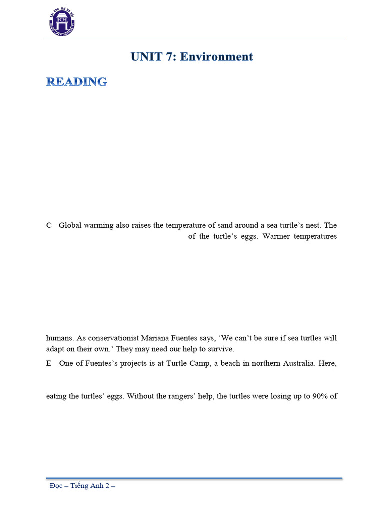 UNIT 7 Environment - Reading | PDF | Sea Turtle | Turtle