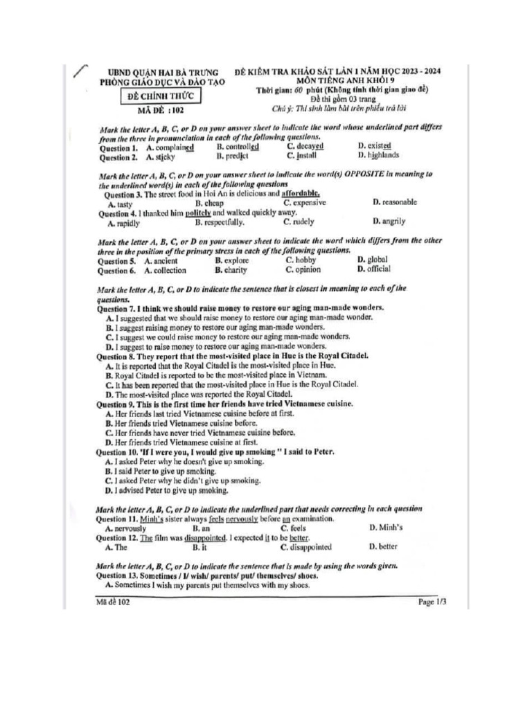KSCL QUẬN HBT - 1:2024 | PDF