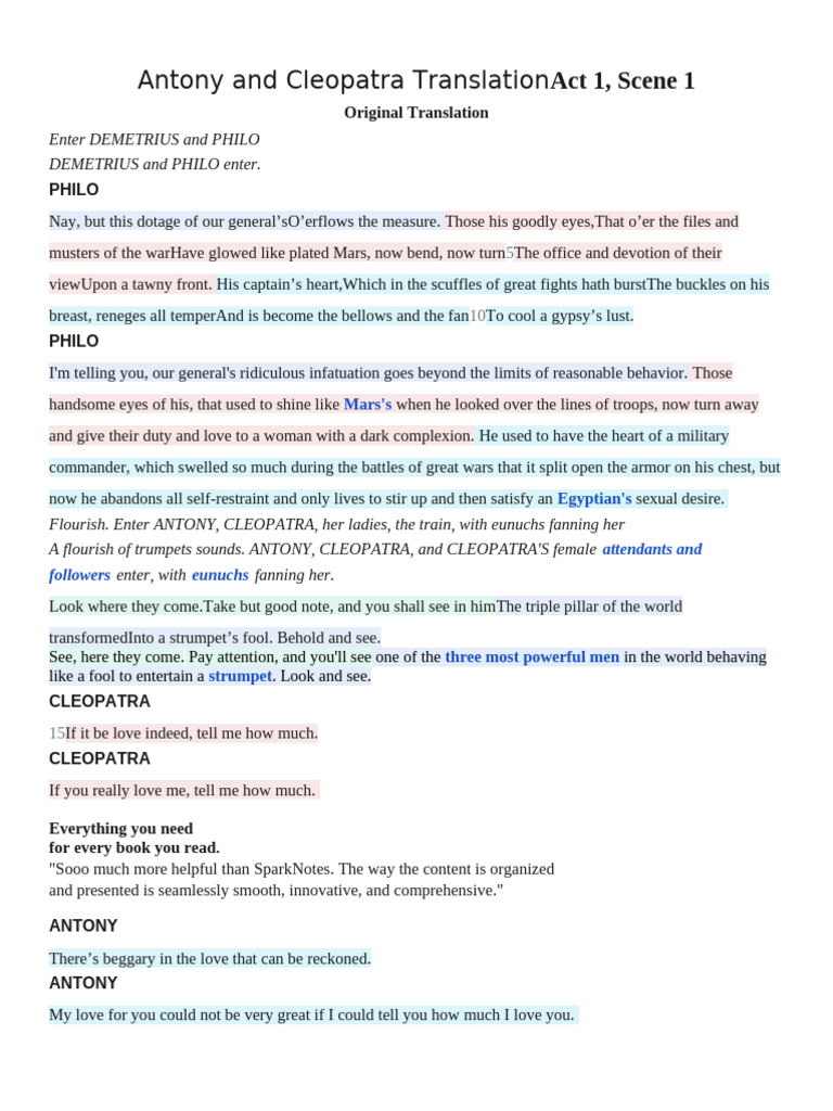 Antony and Cleopatra TranslationAct 1 | PDF | Mark Antony | Cleopatra
