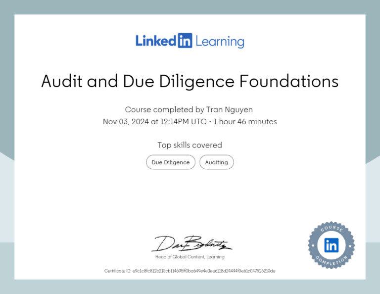 Certificate of Completion - Audit and Due Diligence Foundations | PDF
