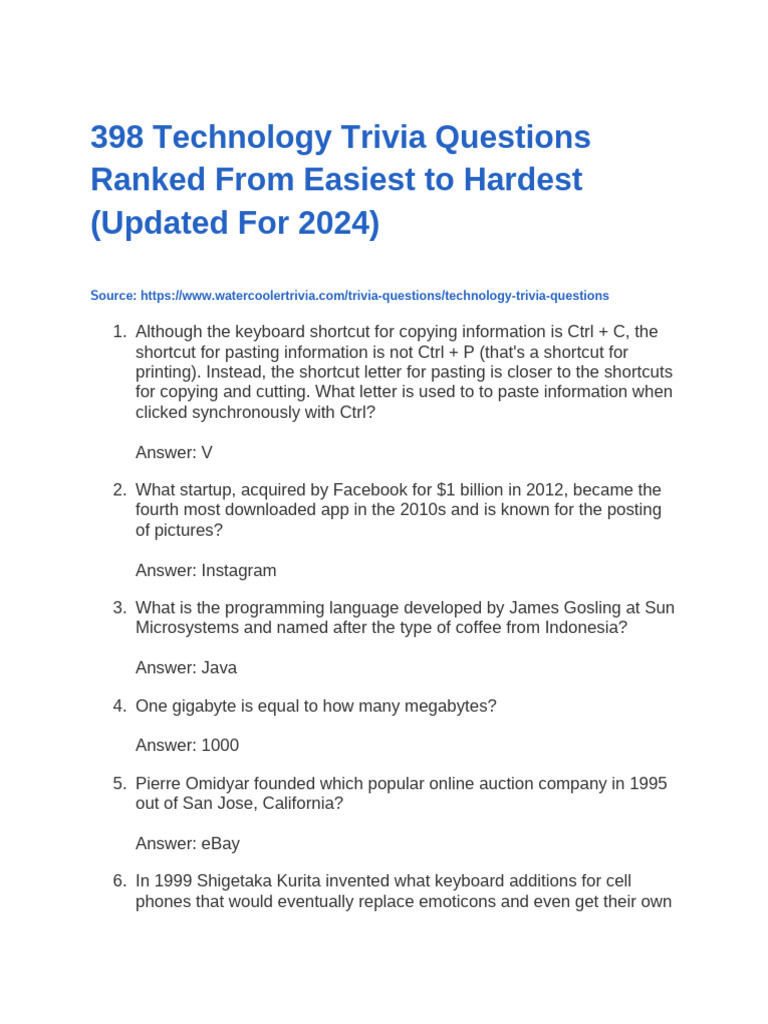 398 Technology Trivia Questions Ranked From Easiest To Hardest | PDF ...
