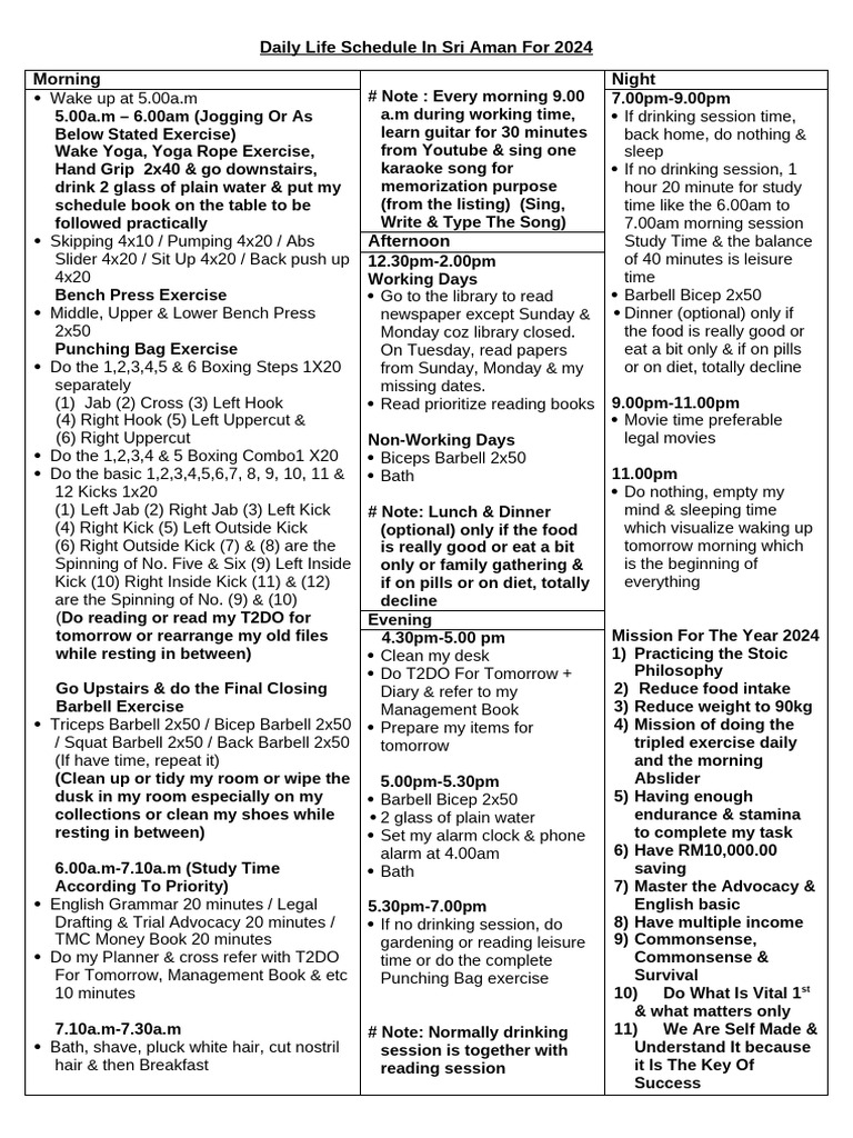Daily Life Schedule Sri Aman 2024 | PDF | Language Arts & Discipline