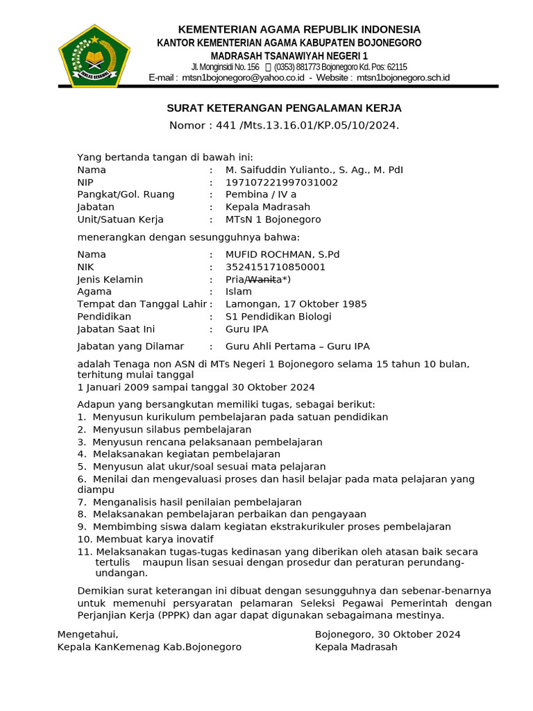 Surat Pengalam Kerja - Mufid Rochman | PDF