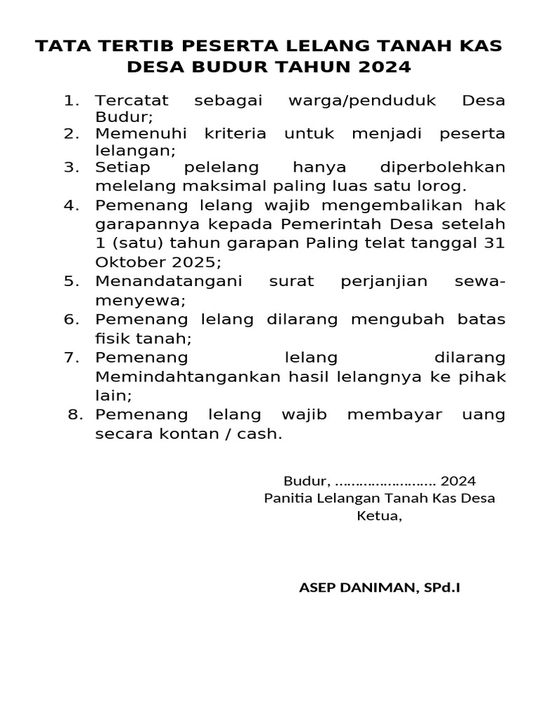 Tata Tertib Peserta Lelang Tanah Kas 2024 | PDF
