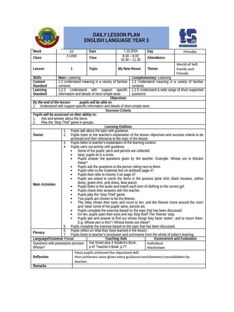 Week 29 English Language Monday Lesson Plan | PDF | Lesson Plan | Teachers