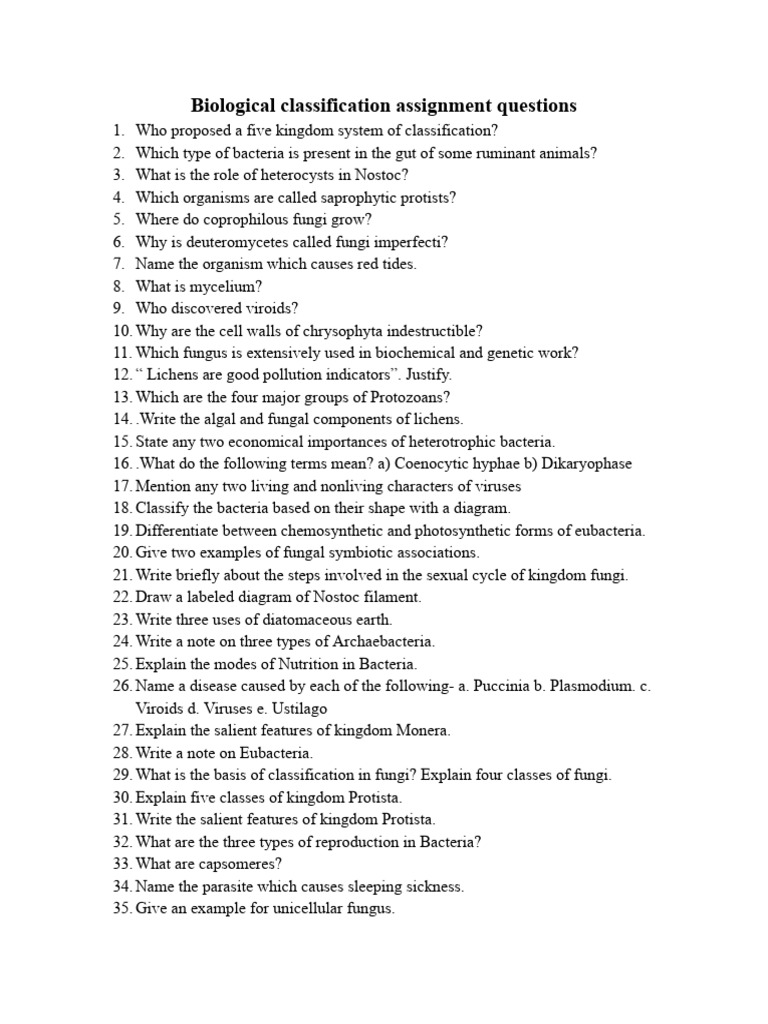 Biological Classification Assignment Questions | PDF | Science ...
