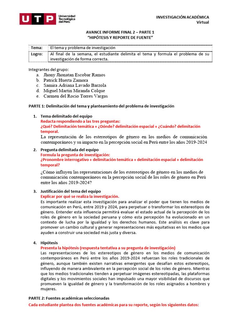 Semana 08 Avance Informe Final2 Aif2 (3) Investigación Academica | PDF | Masculinidad | Estereotipos