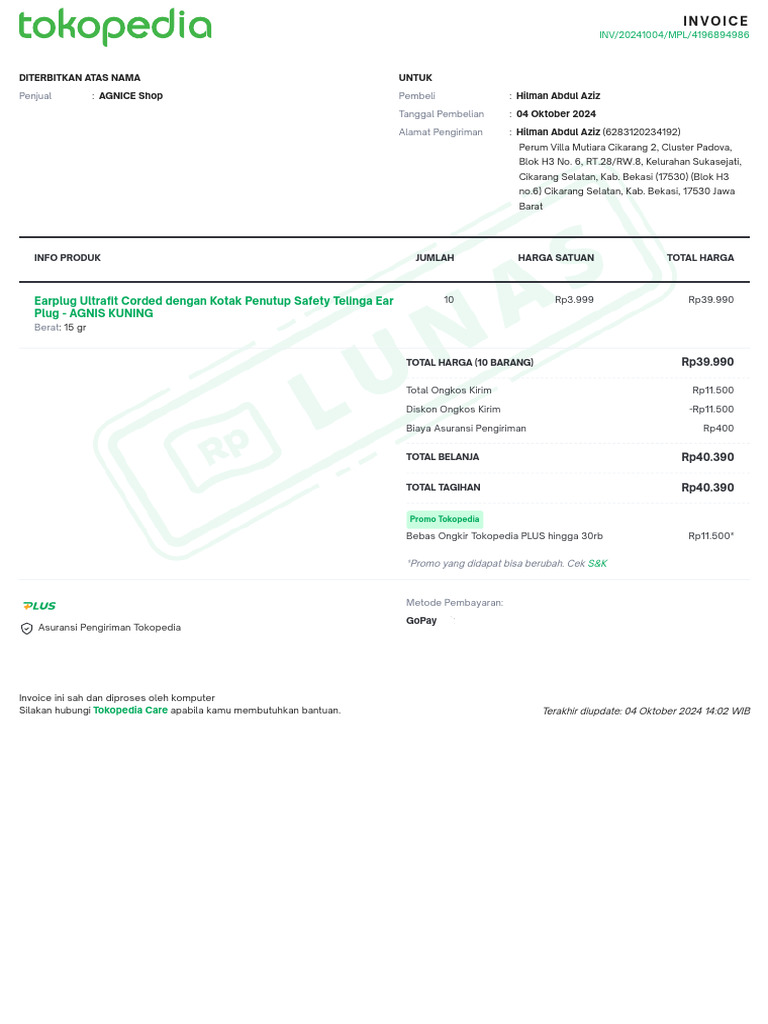 Invoice Earplug by Tokped | PDF