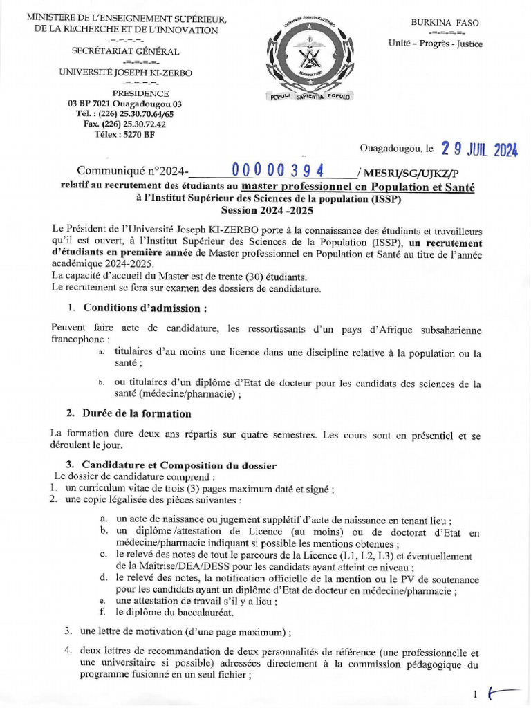 ISSP Communique 394 Master Pro Population Et Sante Session 2024 | PDF