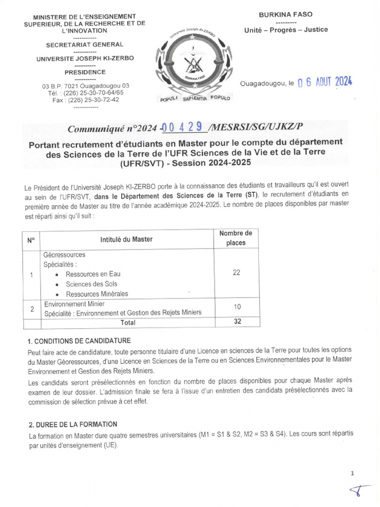 Communique Recrutement Master D ST 2024 2025 UFR SVT | PDF