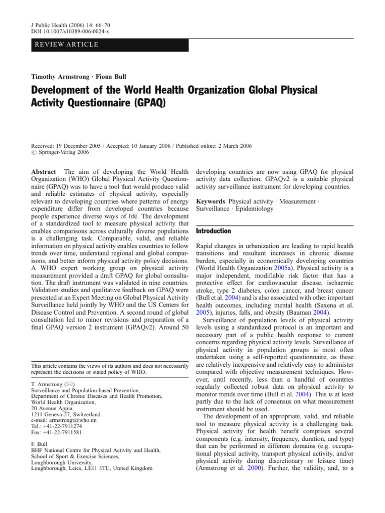 Development of The World Health Organization Global Physical Activity Questionnaire (GPAQ) | PDF ...