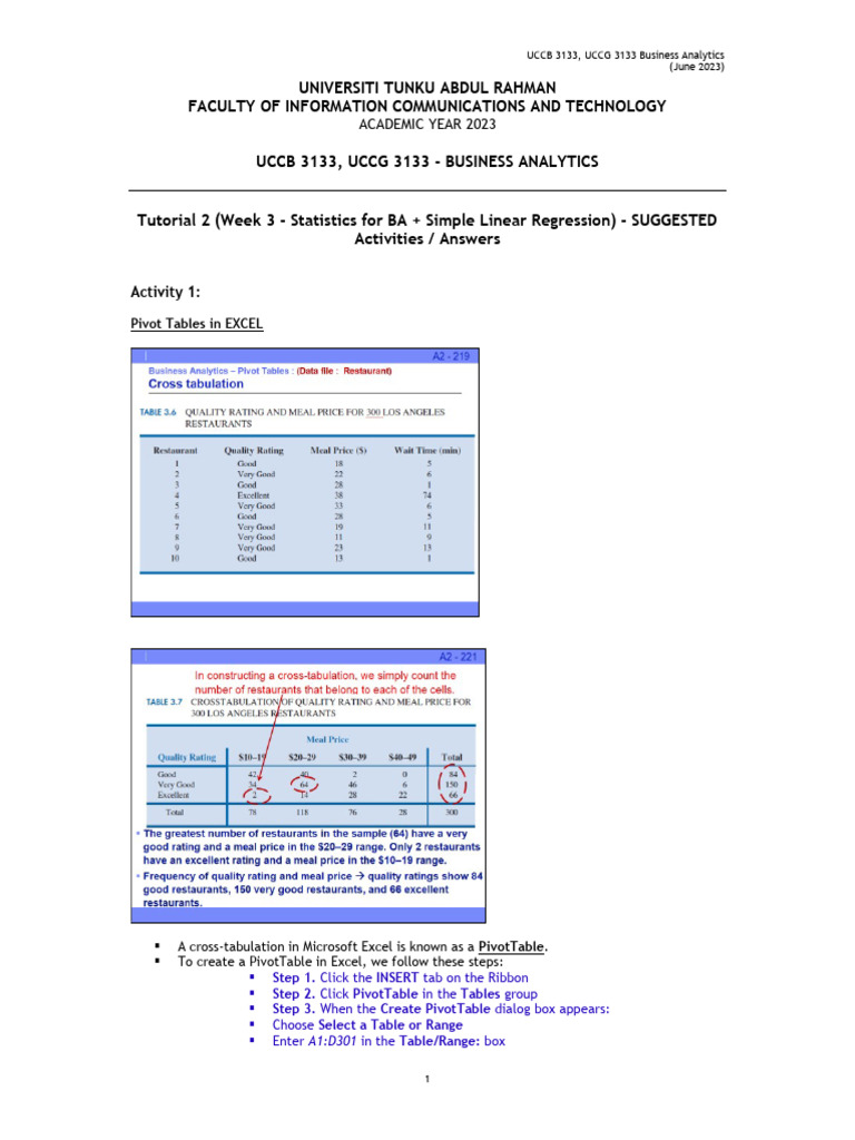Tutorial 02 WK 3 - Pivot Tables - Simple Linear Regression | PDF | Data ...