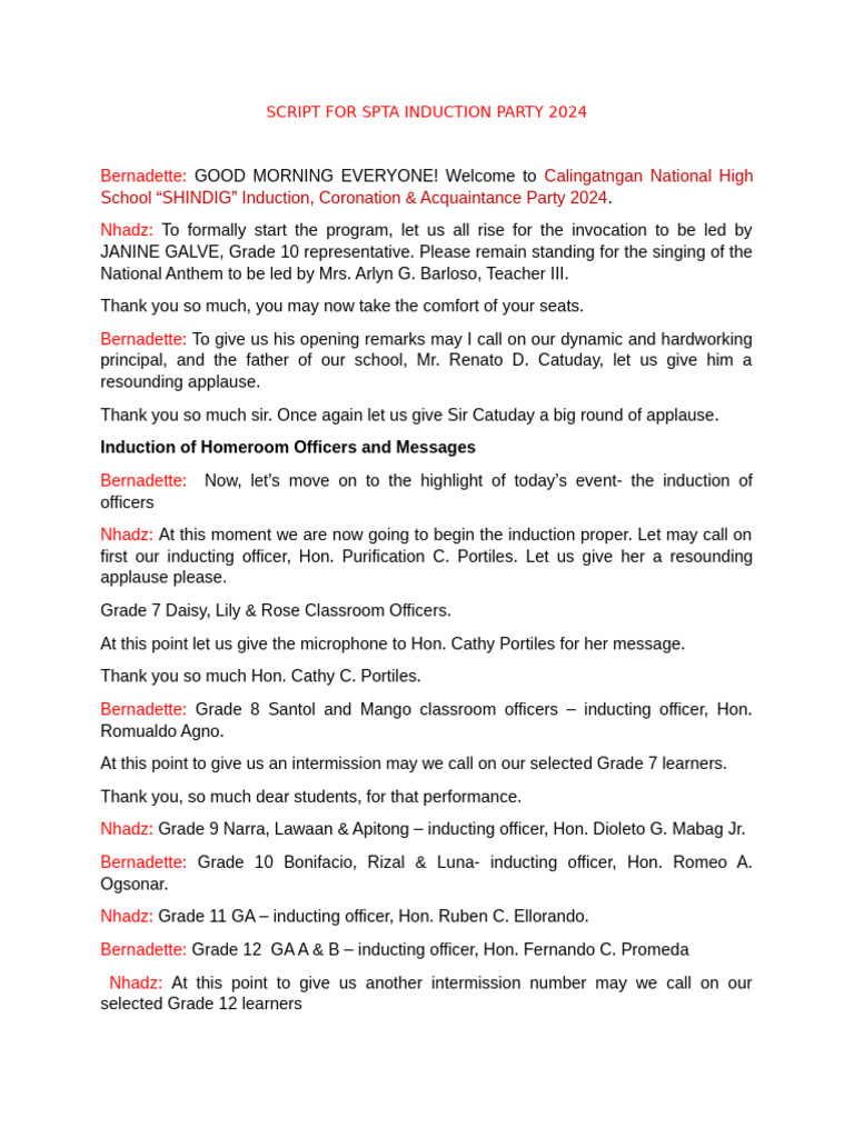 Script For Spta Induction Party 2024 | PDF | Career & Growth