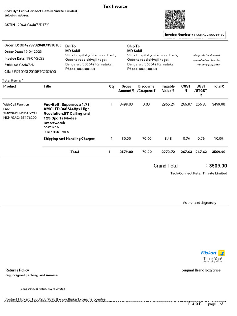 Invoice for Fire-Boltt Smartwatch Purchase | PDF | Taxes | Government ...
